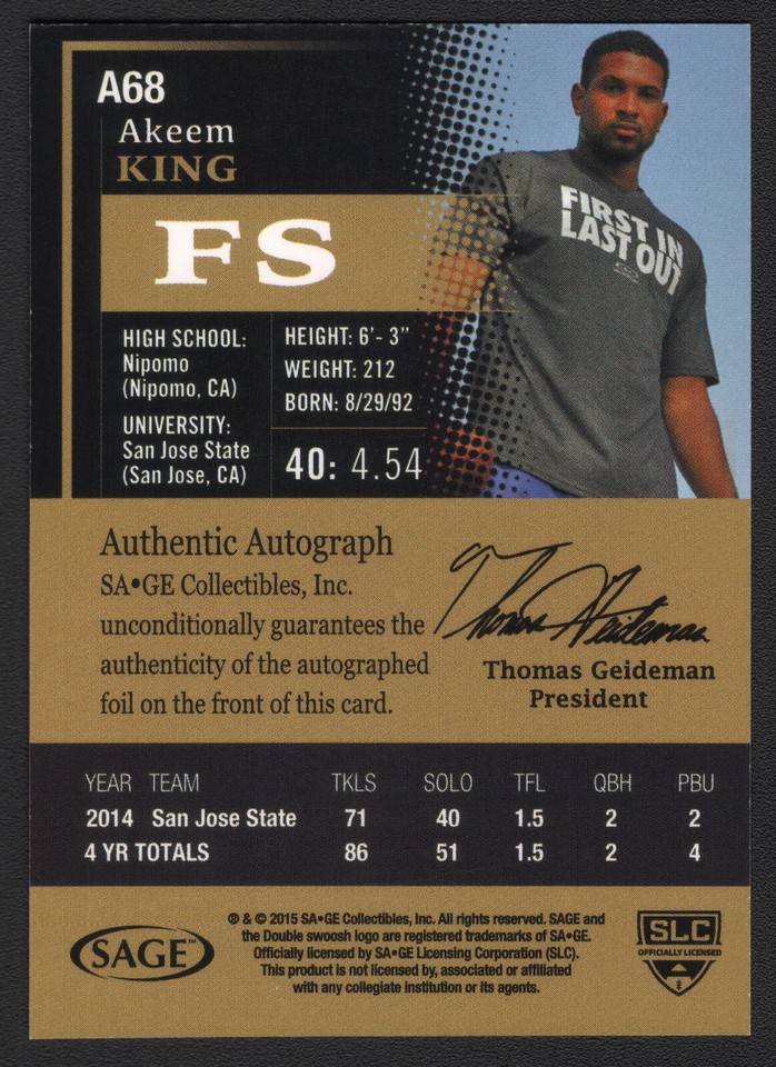 Akeem King 2015 SAGE HIT Rookie Autograph RED #A68 Falcons Seahawks CB ...