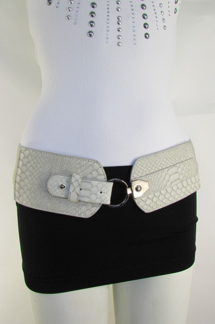 Women Black White Beige Elastic Fashion Belt Snake Skin Wide Faux ...