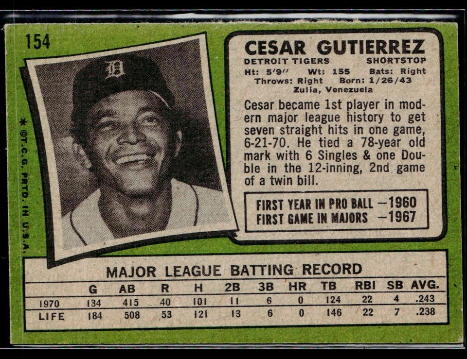 Cesar Gutierrez 1971 Topps #154 Detroit Tigers | eBay