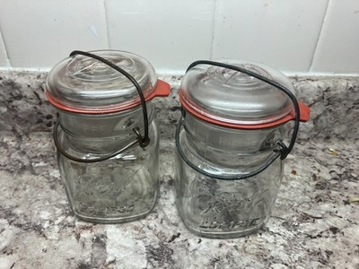 Vintage Ball Eclipse Wide Mouth Square Jar Pint Glass Lid Wire Bail ...
