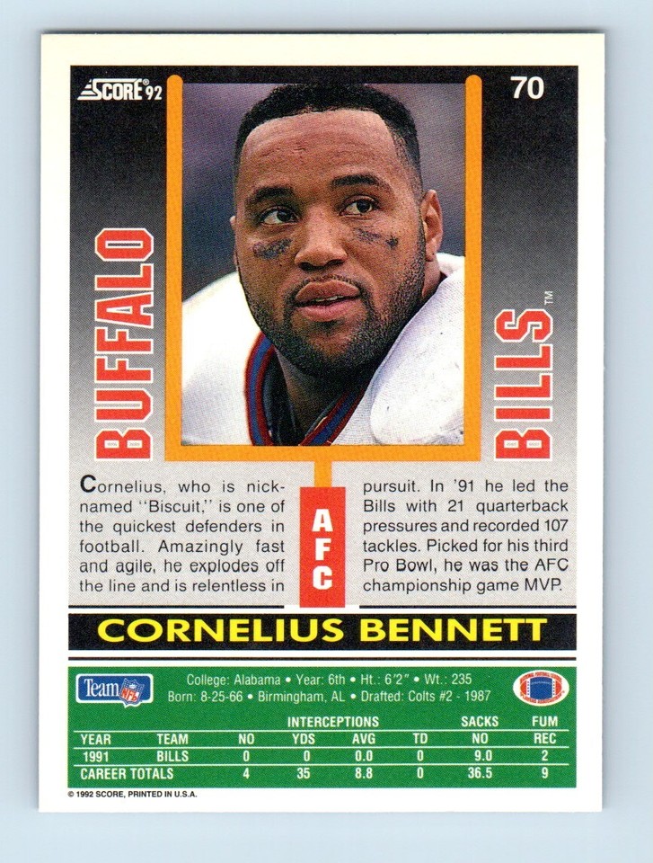 1992 Score Cornelius Bennett Buffalo Bills #70 | eBay