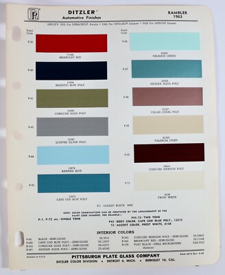 1963 Rambler Color Paint Chip Sheet Ditzler PPG Automotive Finishes | eBay