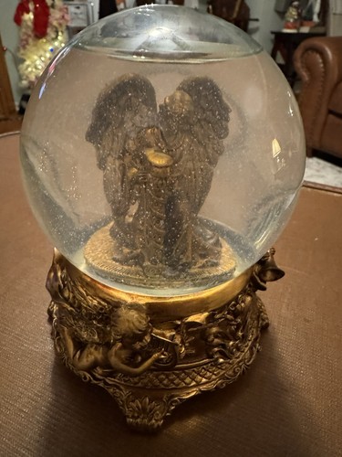 Rare Decorative working Snow Globe Angel Playing Harp W/ Cherubs Music ...