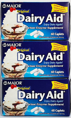 Major Dairy Aid Lactase Enzyme 60 Caplets (Generic Lactaid) 3 Pack -Exp ...
