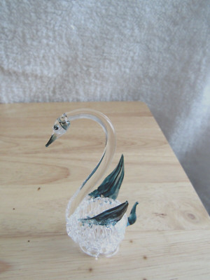 Hand Blown 1.5 " Tall Glass Swan w/Blue Wings/Tail Feathers/Bill/Eyes ...