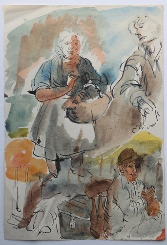 William Daniel Clyne - A sheet of figure studies - ink and watercolour ...