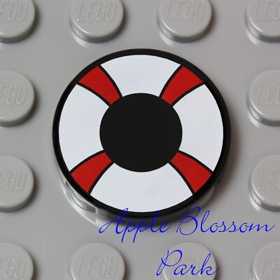 NEW Lego Minifig White Red LIFE PRESERVER 2x2 Round Black Tile - 4982 ...