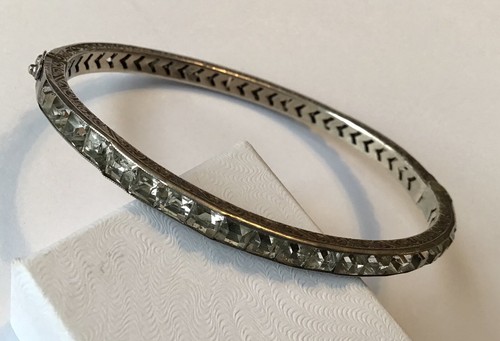 VINTAGE ART DECO STERLING SILVER CHANNEL SET RHINESTONE HNGED BRACELET ...