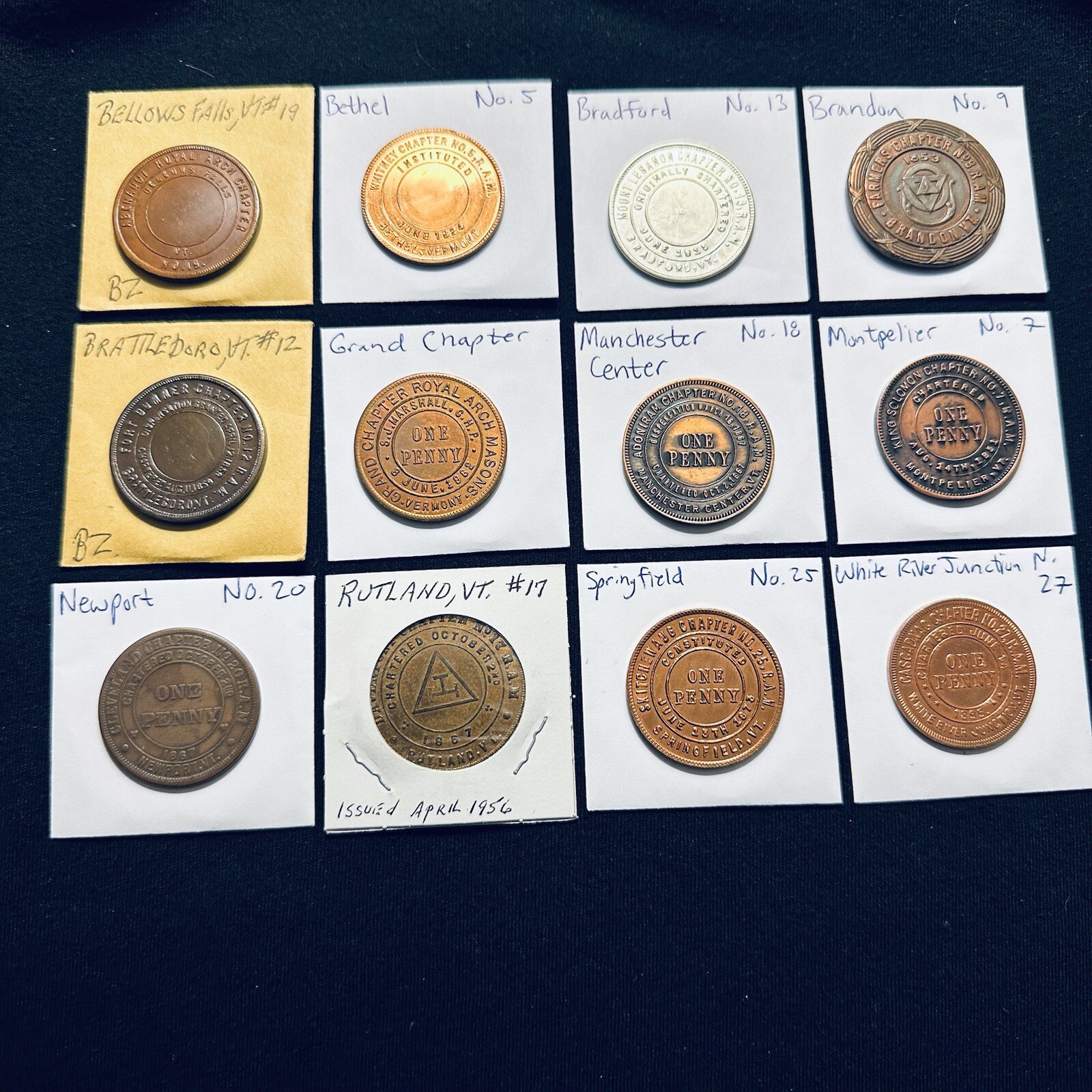 Lot of 12 Vermont State Masonic RAM Chapter One Penny Token Coins ...