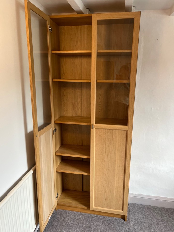 Ikea Billy Bookcase, light 'oak' effect with half-glass doors, 202 cms high | eBay UK