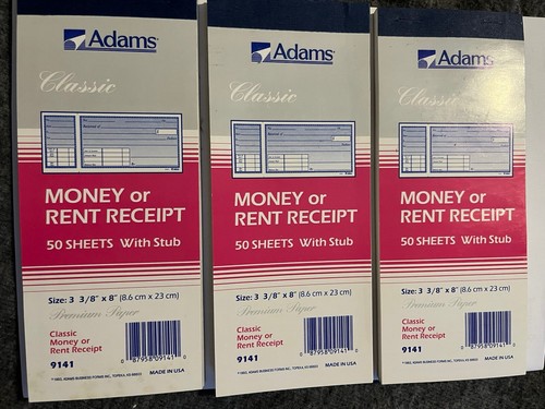 3 Money or Rent Receipt Books Adams 2 part w/Stubs New Total of 150 ...