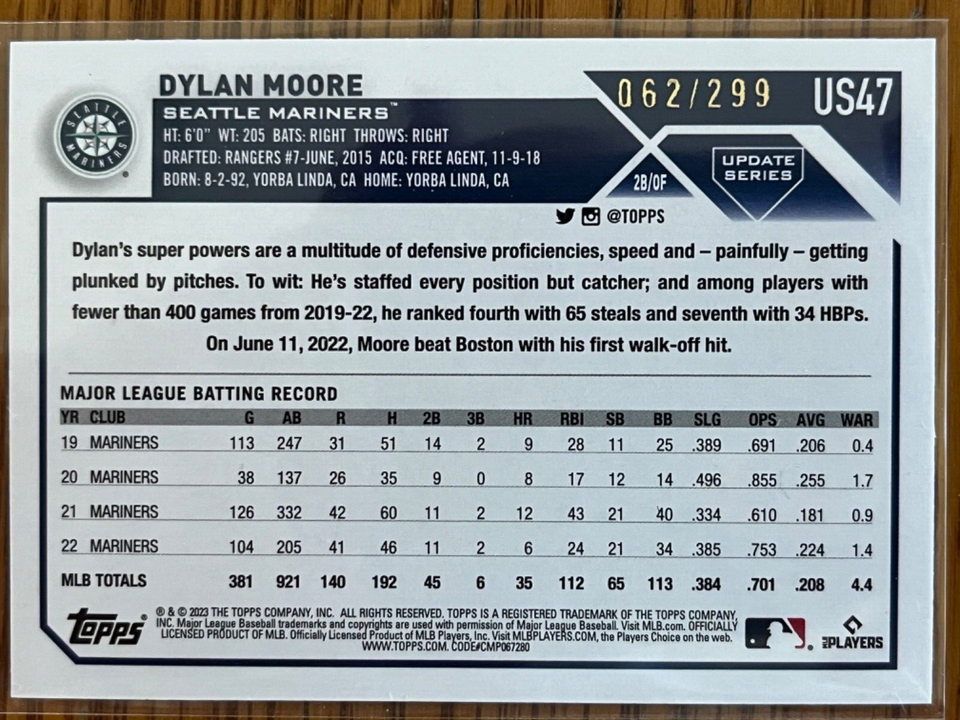 Dylan Moore Mariners, 2023 Topps Orange Ice #62/299, 2022 Topps ...