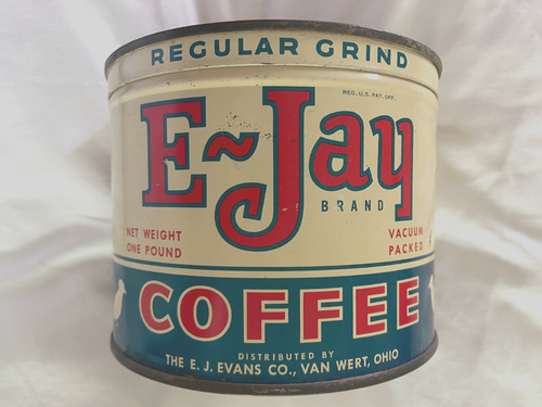 1950s E-Jay Coffee One-Pound Key Wind Coffee Can Tin FULL Van Wert ...