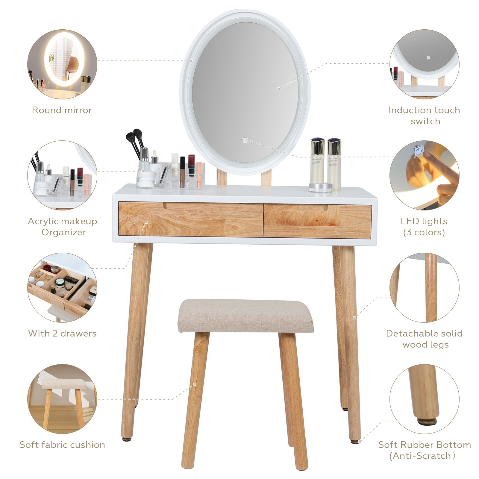 LED Lighted Dressing Table Set Wooden 2 Drawer Modern Make Up Vanity ...