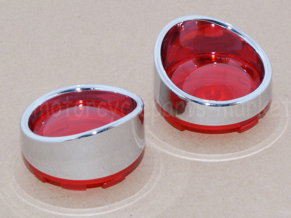 Red Turn Signal Lens Lenses Chrome Trim Ring Visor x2 Bulbs For Harley ...