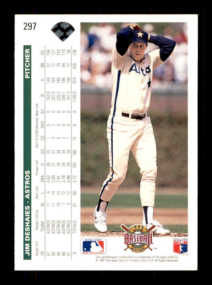 1992 BASEBALL 1992 Upper Deck Jim Deshaies Houston Astros #297 1 | eBay