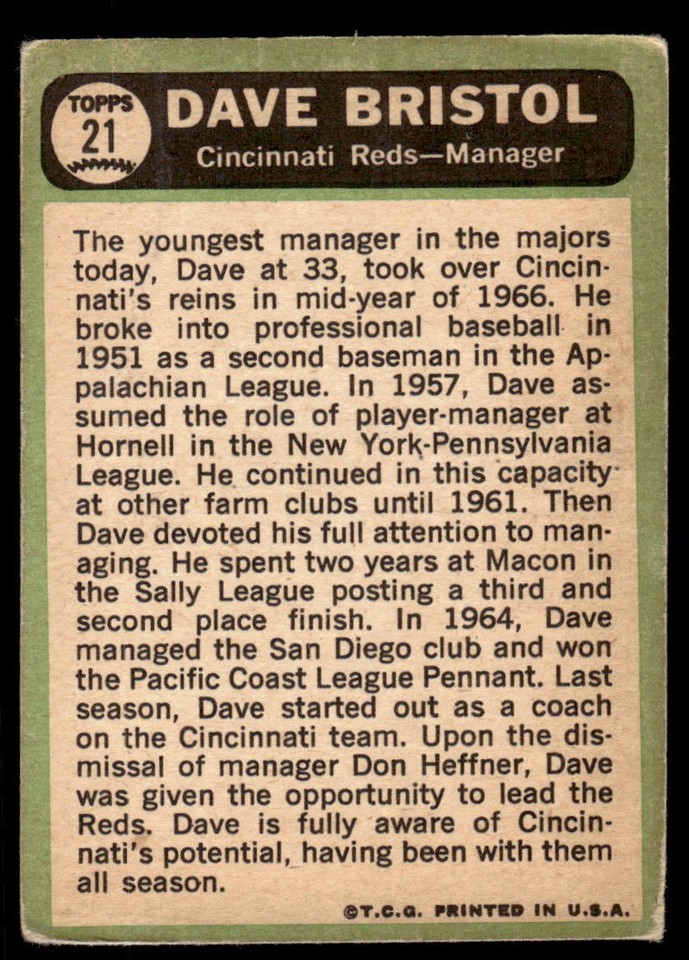 1967 Topps Dave Bristol #21 Cincinnati Reds Baseball Card | eBay