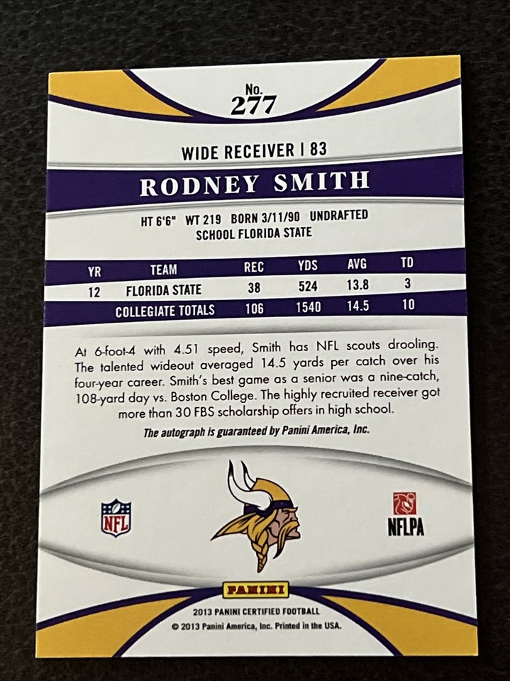 2013 Panini Certified - RODNEY SMITH - RC NEW GENERATION AUTO /499 #277 Vikings | eBay