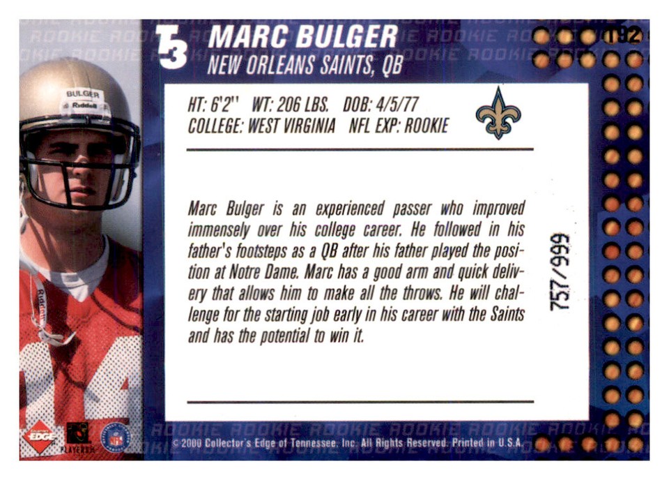 2000 Collectors Edge T3 Foil Marc Bulger #d /999 SP Rookie RC PWE Rams ...