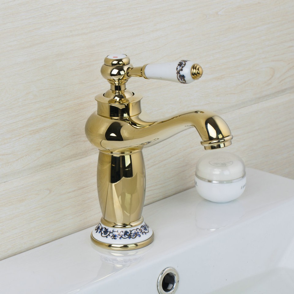 Golden&Ceramic Bathroom Sink Faucet Deck Mounted Basin Single Handle ...