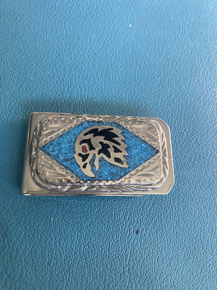 Vintage Native American Turquoise /Onyx/Coral Eagle Head Money Clip SS ...