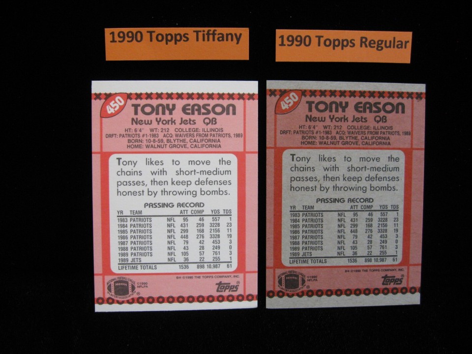 1990 Topps Tiffany Tony Eason New York Jets & Regular Card #450 | eBay