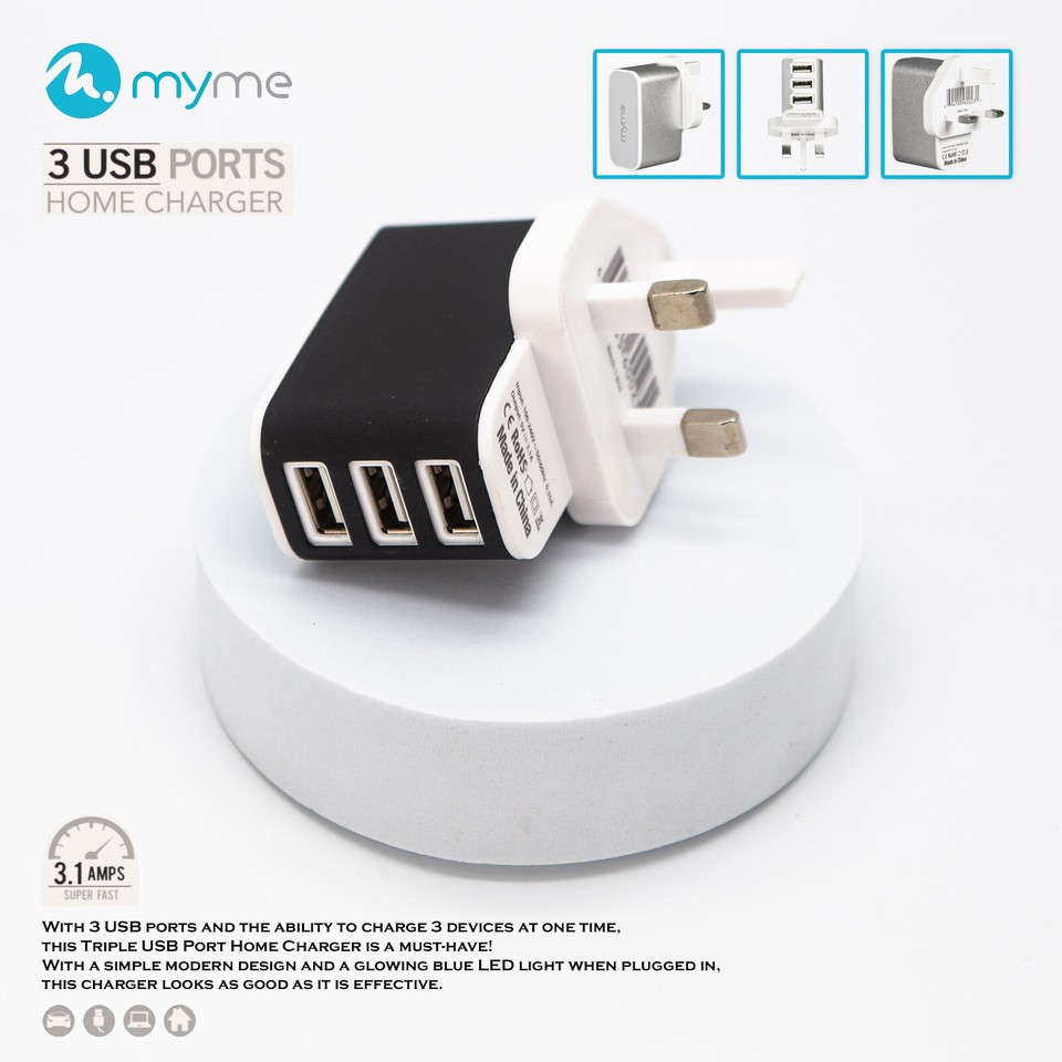 Home Charger Mains USB 3 Pin UK Wall Plug Adapter Charging for Phones ...