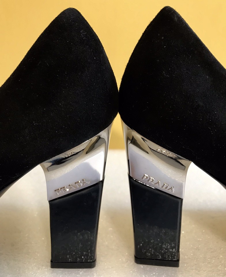 PRADA Logo Heel Black Suede & Patent Cap Toe Pumps Shoes Size 39 New In ...