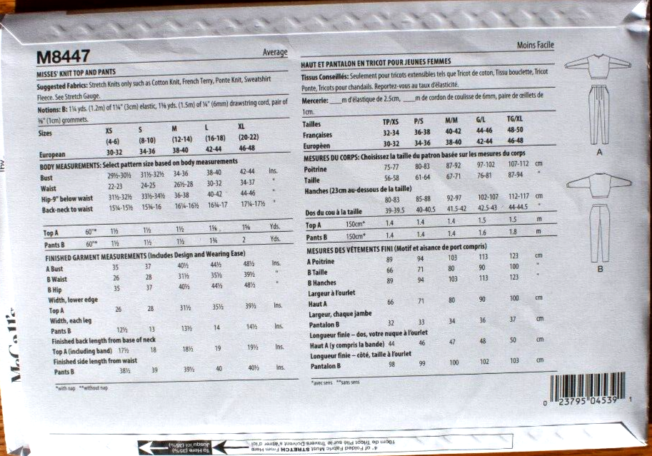 MCCALLS PATTERN 8447 TOP PANTS KNIT MISSES SIZES XSM SM MED LG XLG ...