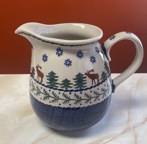 Poland Pottery Pitcher Signed Reindeer Pine Trees Snowflakes Dots Blue ...