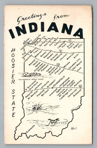 Indiana "Hoosier State" Vintage MAP Postcard~Indy Car Racing Highways ...