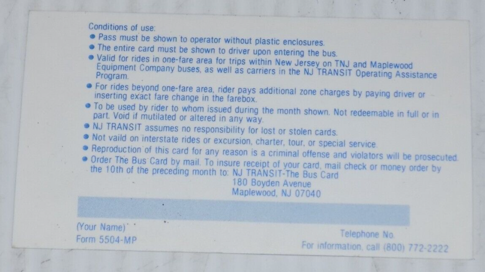 Old Paper State of New Jersey Transit Zone 1 Bus Card JAN-MAY + JULY ...