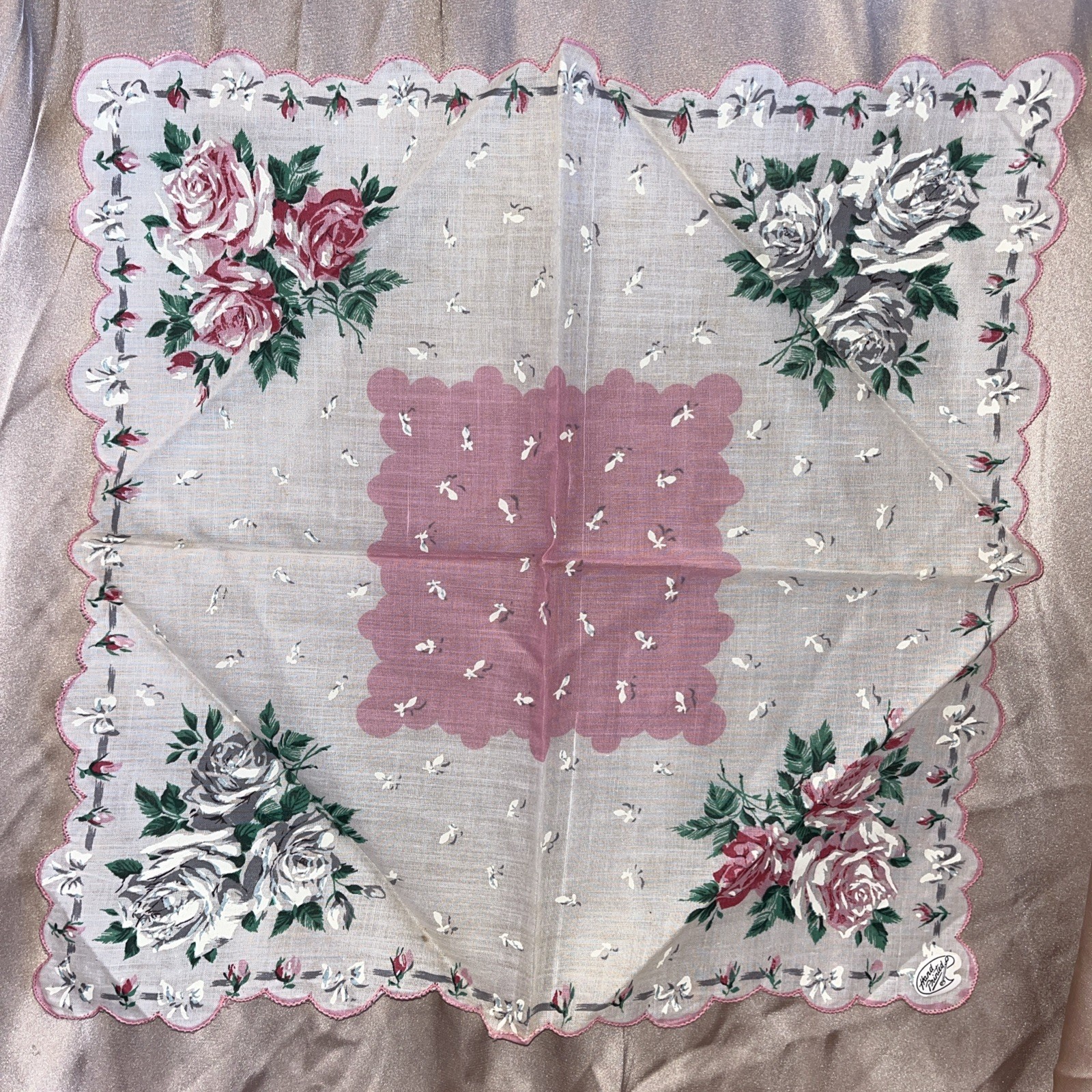 Vintage Handkerchief 1950s - Hand Painted - Floral - Gem