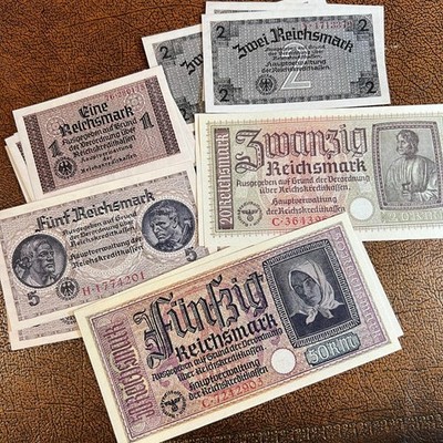 Set of five 1940 German Reichsmark banknotes for occupied territories ...