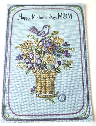 Vintage Greeting Card Faux Crewel Embroidery Look Bird on Flower Basket ...