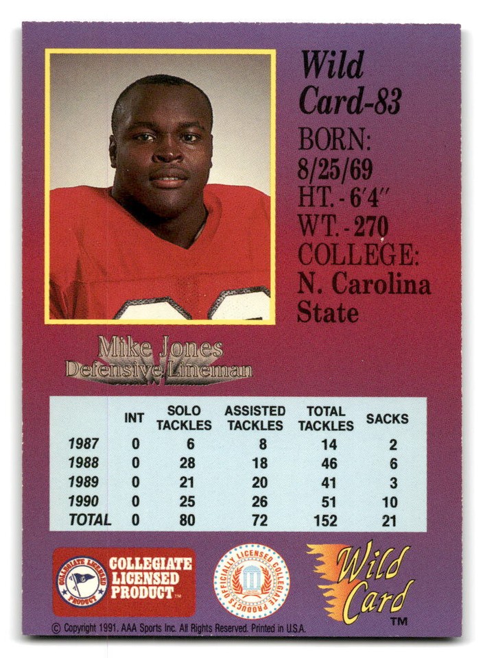 Mike Jones 1991 Wild Card Draft #83 NC State Wolfpack FOOTBALL | eBay