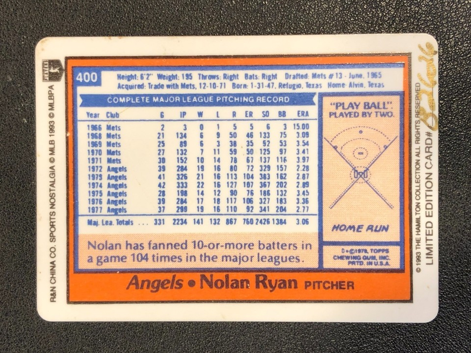Nolan Ryan 1993 Hamilton Collection Porcelain 1978 Topps Baseball Card ...