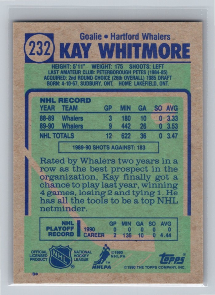 Kay Whitmore Rookie RC Hartford Whalers 1990-91 Topps Hockey #232 | eBay