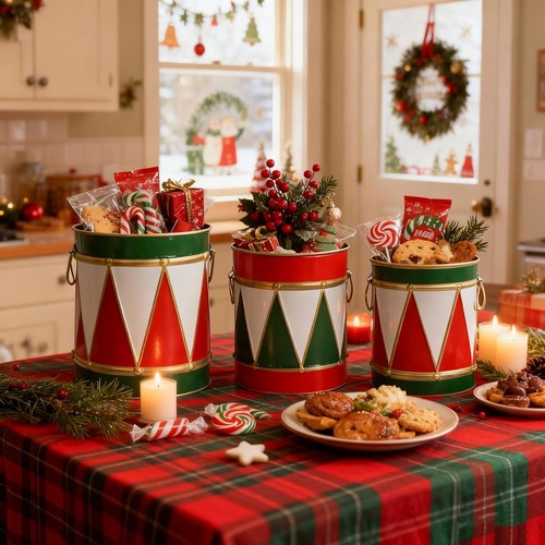 3-Piece Christmas Metal Drum Buckets Set - Festive Ice Bucket & Storage ...