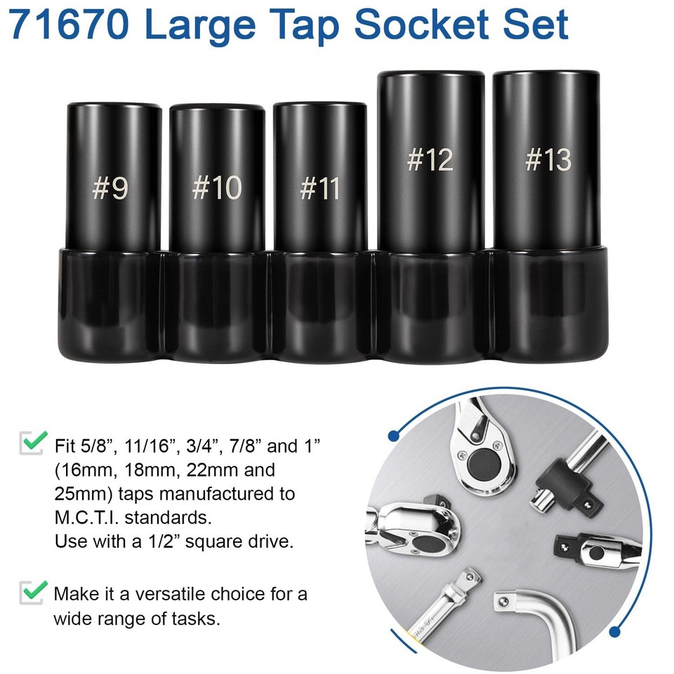 71670 Tap Socket Set Fits 5/8", 11/16", 3/4", 7/8" and 1" Taps, 1/2 ...