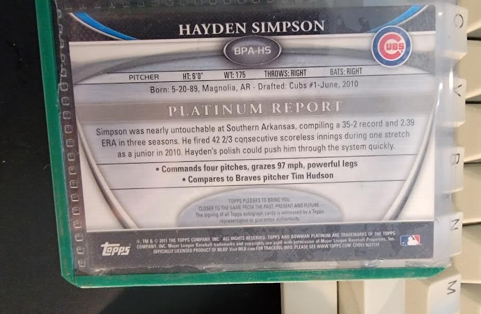 2011 Bowman Platinum Hayden Simpson Autograph - Chicago Cubs NM | eBay
