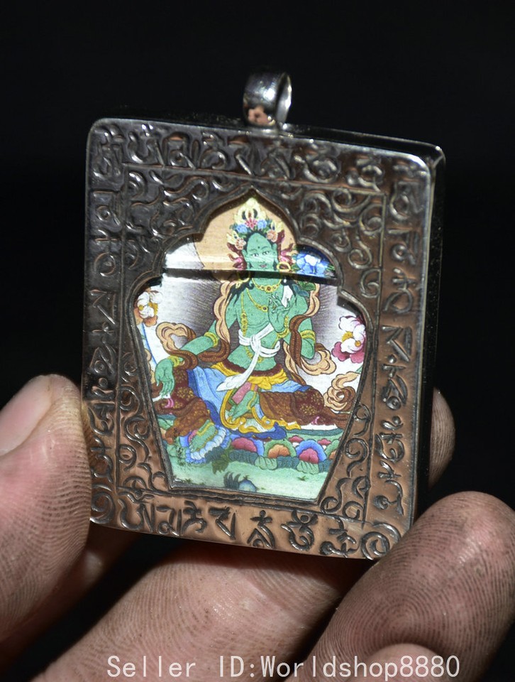 2.2" Old Tibetan Silver Green Tara enlightenment Goddess Tangka Amulet ...