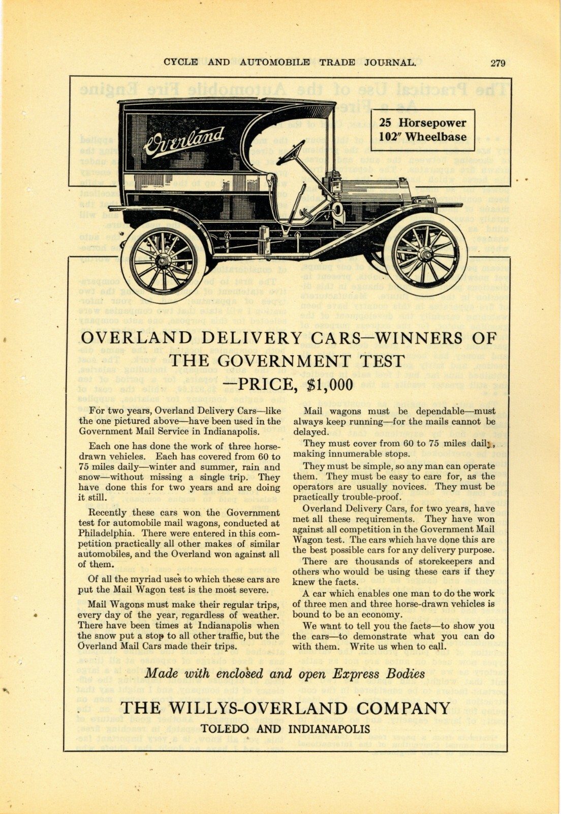 1911 Willys Overland Ad: Overland Delivery Cars for US Mail Use ...