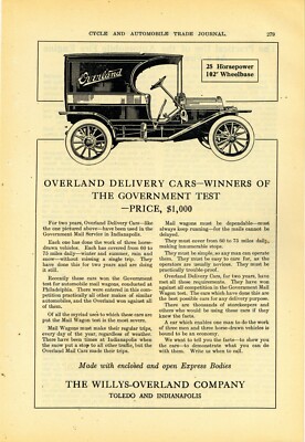 1911 Willys Overland Ad: Overland Delivery Cars for US Mail Use ...