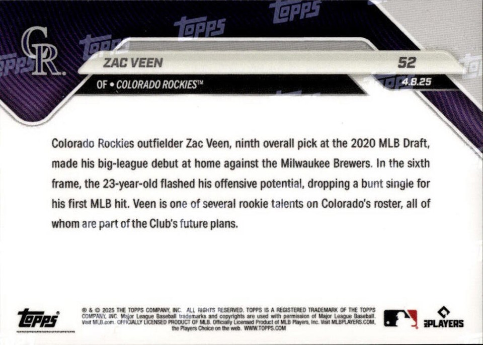 ZAC VEEN RC 2025 Topps NOW PR:878 ROOKIE #52 Rockies NM-MT MLB Basebal ...
