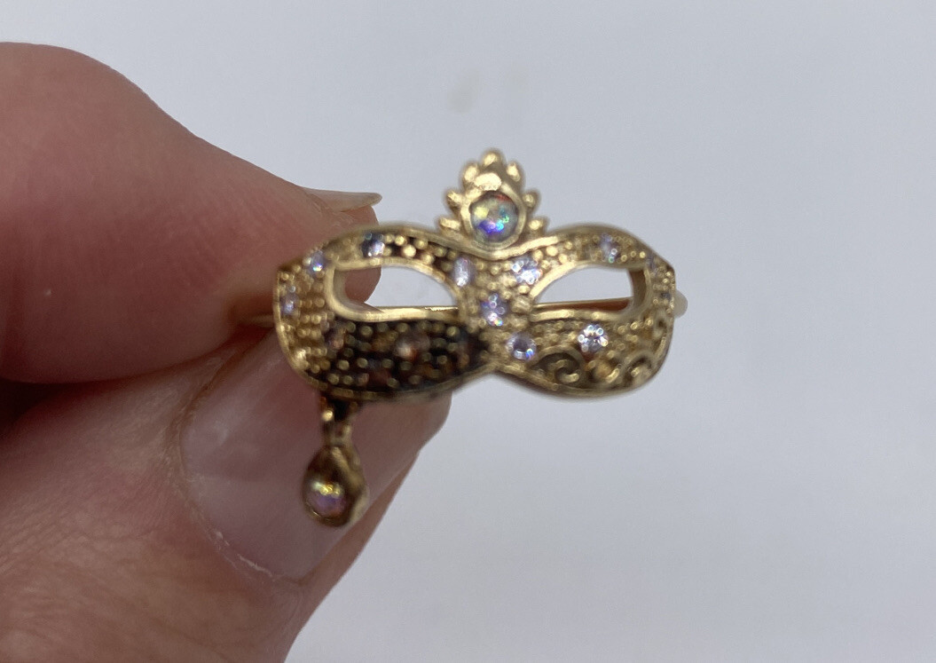 Masquerade Harlequin Mask Mardi Gras Crystal Rhinestone Ring Gold-tone ...