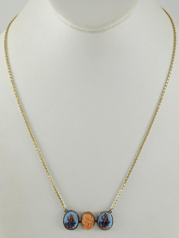 14K yellow gold 20" chain necklace w/ angel skin coral cameo +porcelain ...
