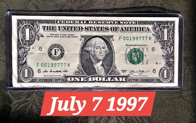 🎰 Birthday July 7 1997 Fancy Serial Number F00199777K One Dollar Bill 3 ...