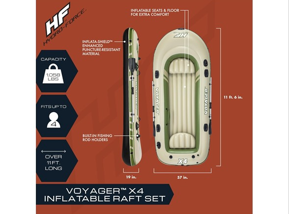 Bestway Hydro-Force Voyager Inflatable 4 Person Outdoor Water Raft Boat ...