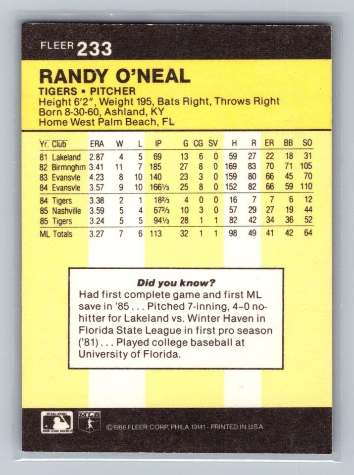 1986 Fleer - Randy O'Neal #233 Detroit Tigers Baseball Card | eBay